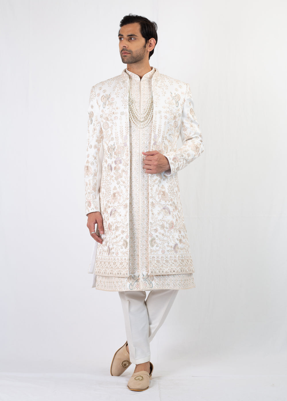 ELEGANT WHITE EMBROIDERU SHERWANI AND KURTA WITH CHURIDAR